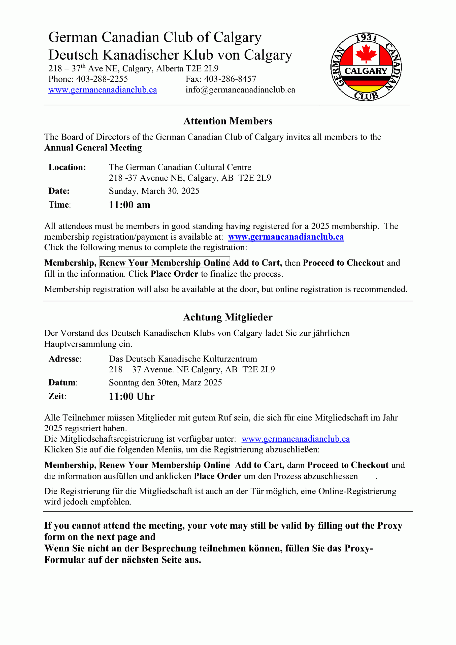 Annual General Meeting – March 30 11am | German Canadian Club of Calgary